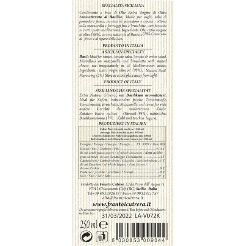 Frantoi Cutrera Basil Flavored Extra Virgin Olive Oil, 8.5 oz ...