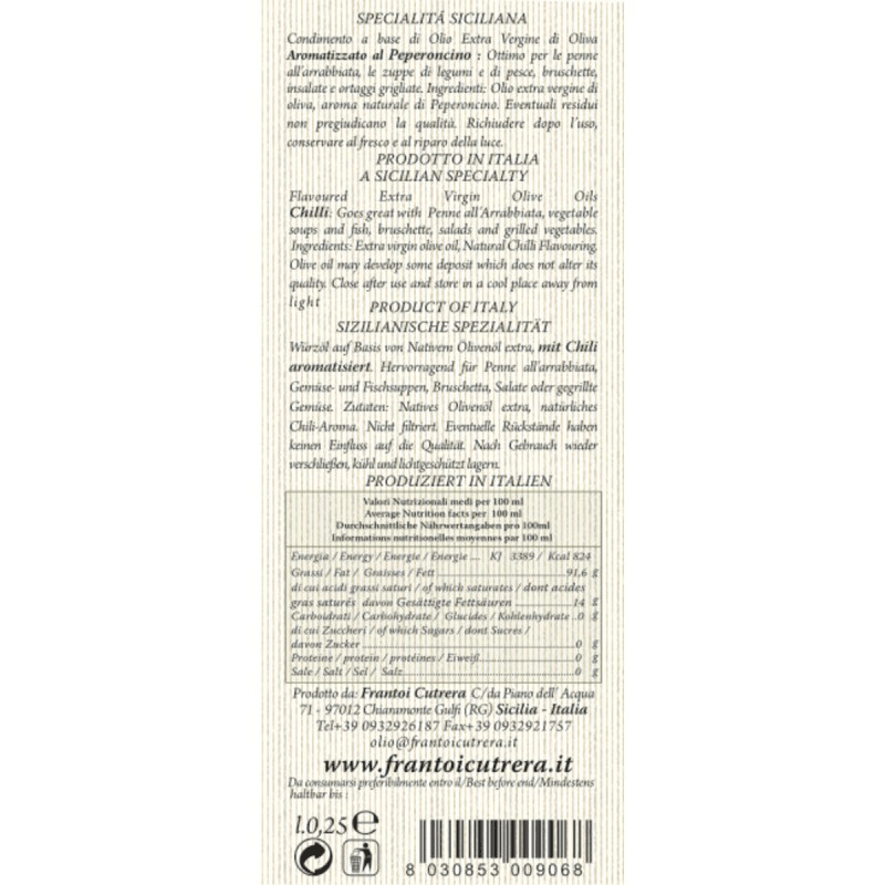 Frantoi Cutrera Chili Pepper Flavored Extra Virgin Olive Oil, 8.5 oz ...