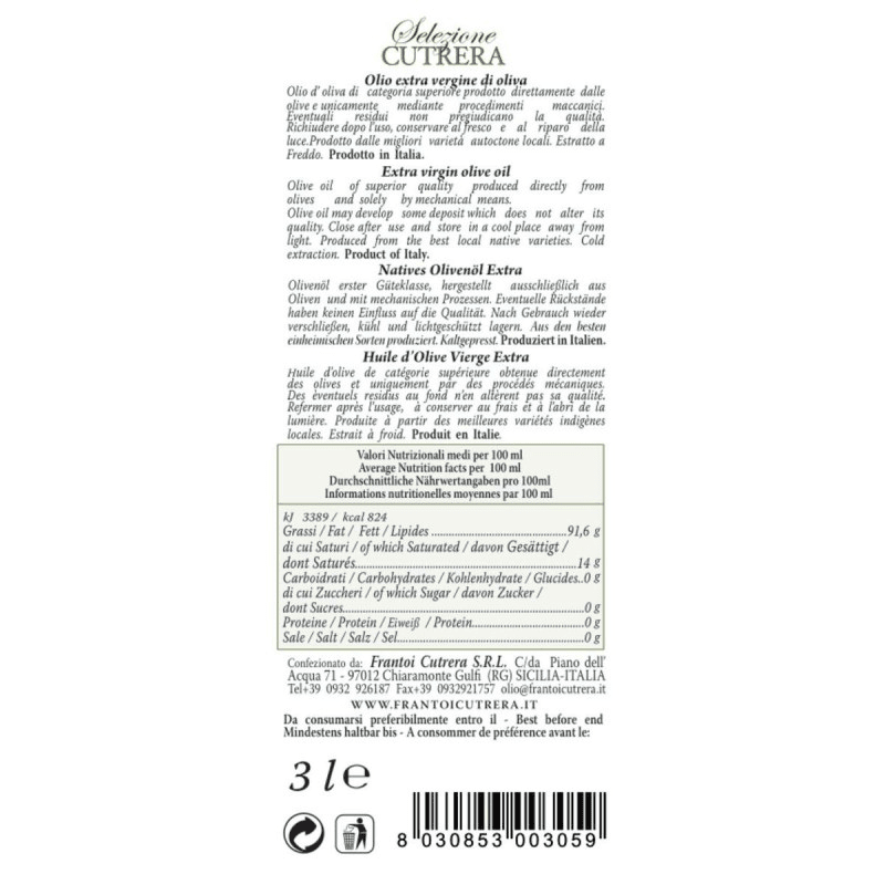 Frantoi Cutrera Selezione Cutrera Extra Virgin Olive Oil Tin, 3 Liter ...